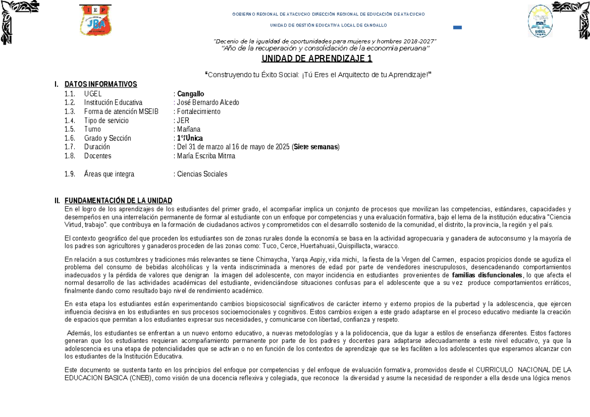 Unidad de Aprendizaje 1: Ciencias Sociales - Primer Grado (CCSS) - Studocu