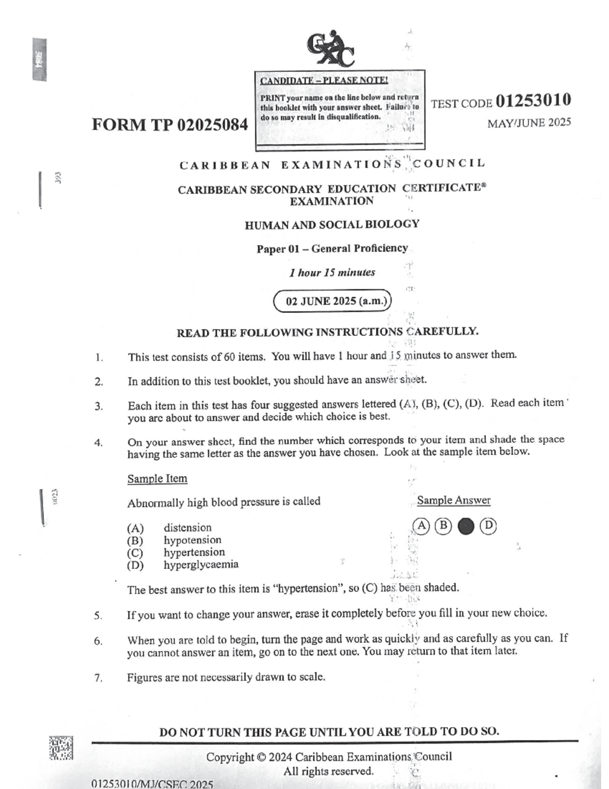CSEC Human & Social Biology Paper 01 June 2025 Exam Instructions - Studocu
