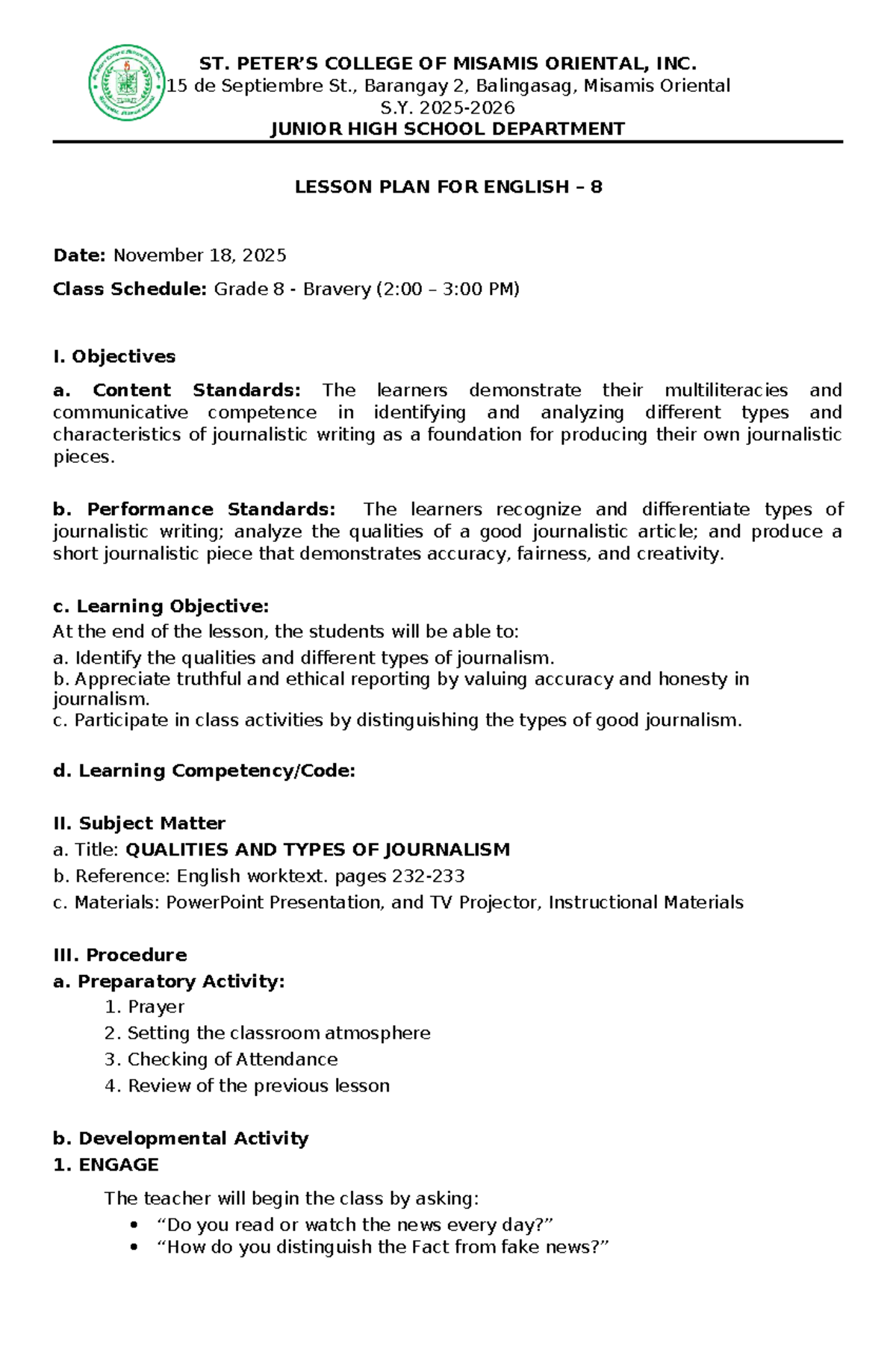 ENGLISH 8 LESSON PLAN: QUALITIES & TYPES OF JOURNALISM - Studocu