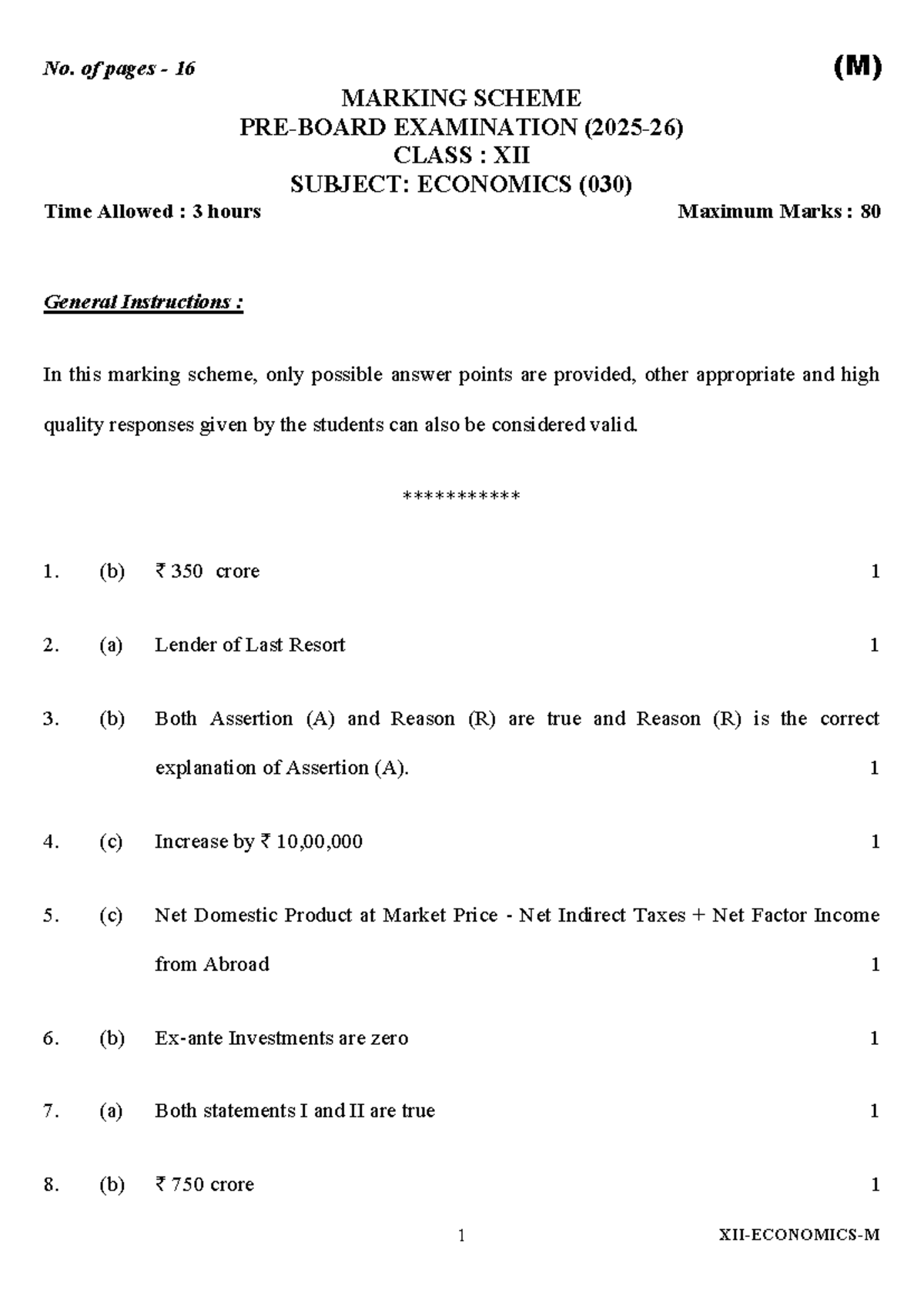 Economics Class XII Marking Scheme - Exam (030) - Studocu