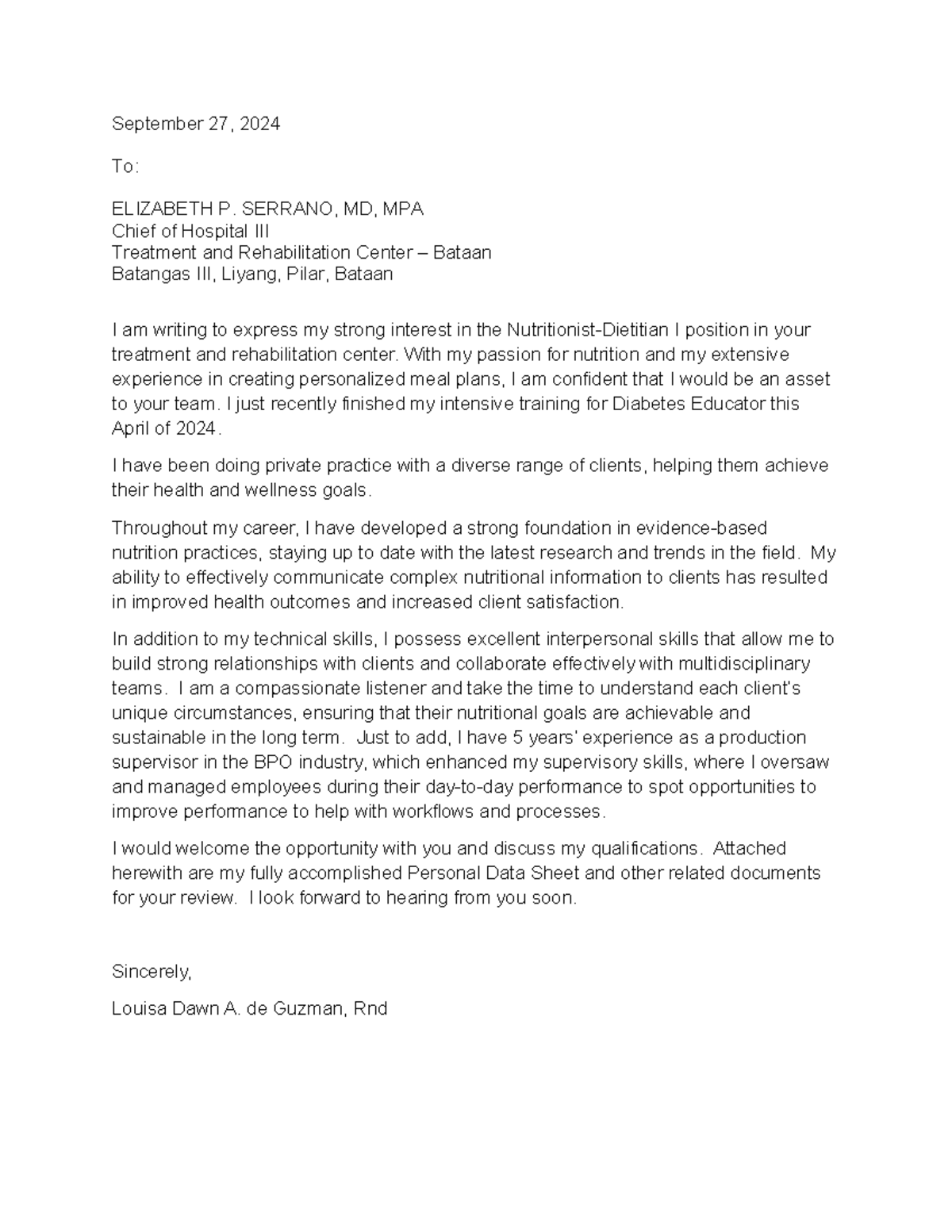 Cover Letter for DOH TRC - September 27, 2024 To: ELIZABETH P. SERRANO ...
