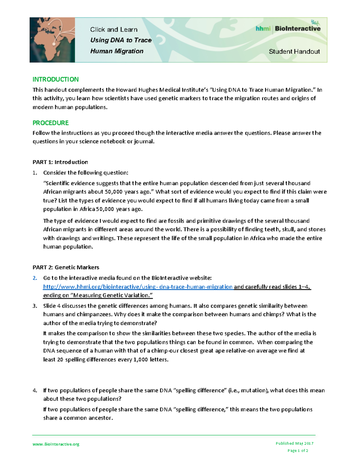 Lab 13 Genetics worksheet - Click and Learn Using DNA to Trace Human ...