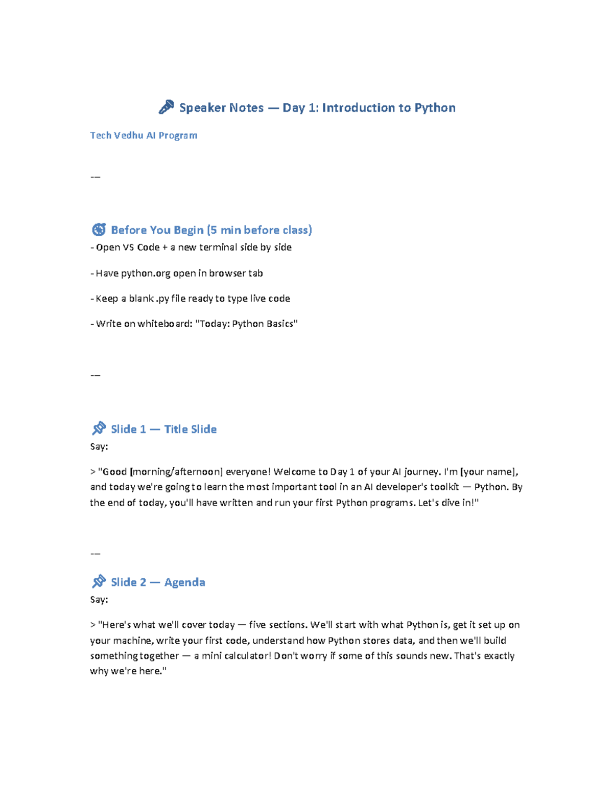 Python Day 1 Speaker Notes: Intro to Python for AI (Tech Vedhu) - Studocu
