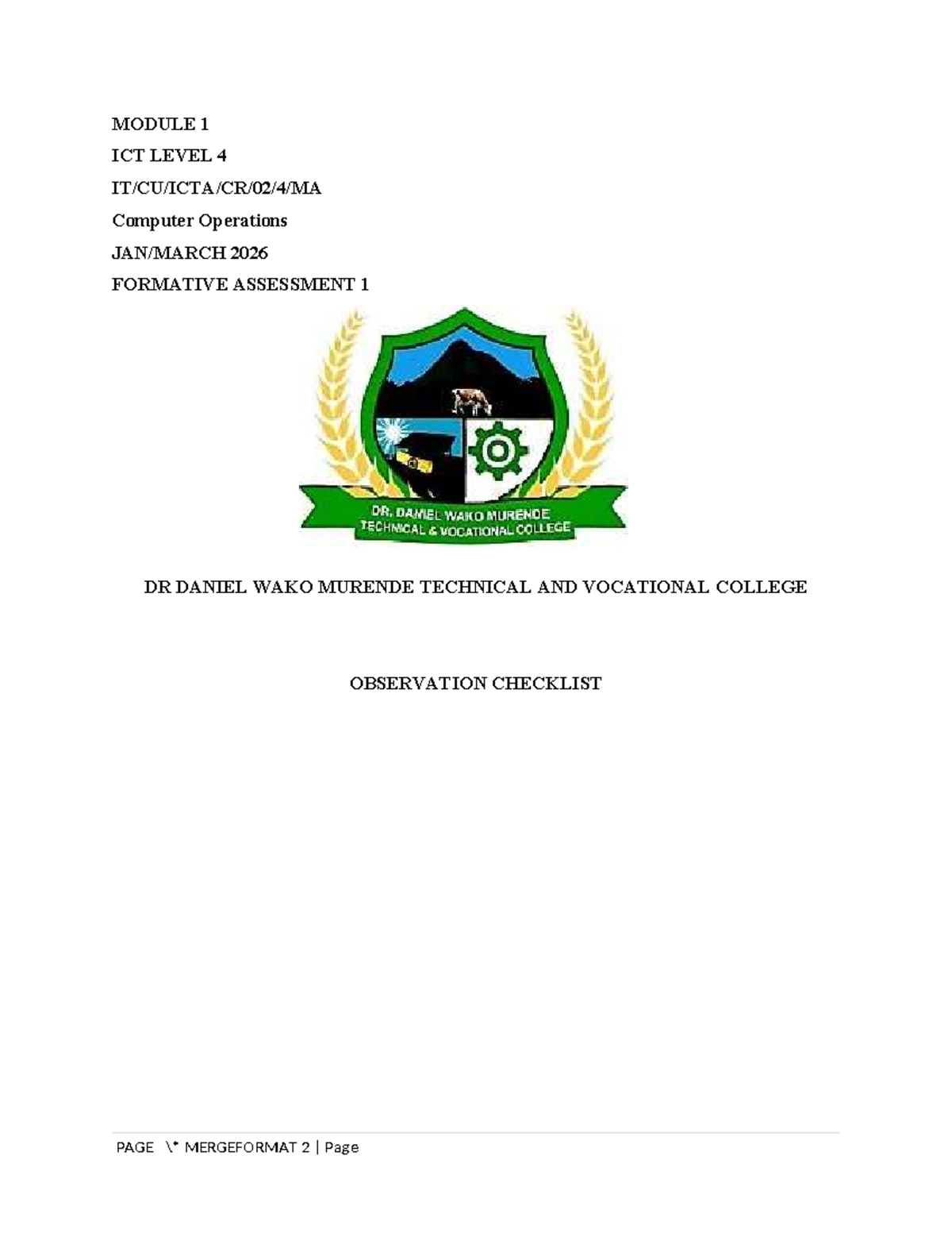 ICT Level 4 Computer Operations Formative Assessment Checklist - Studocu