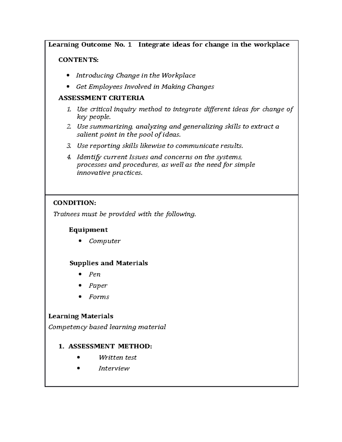 Learning Outcome 1: Integrating Ideas for Change in the Workplace ...