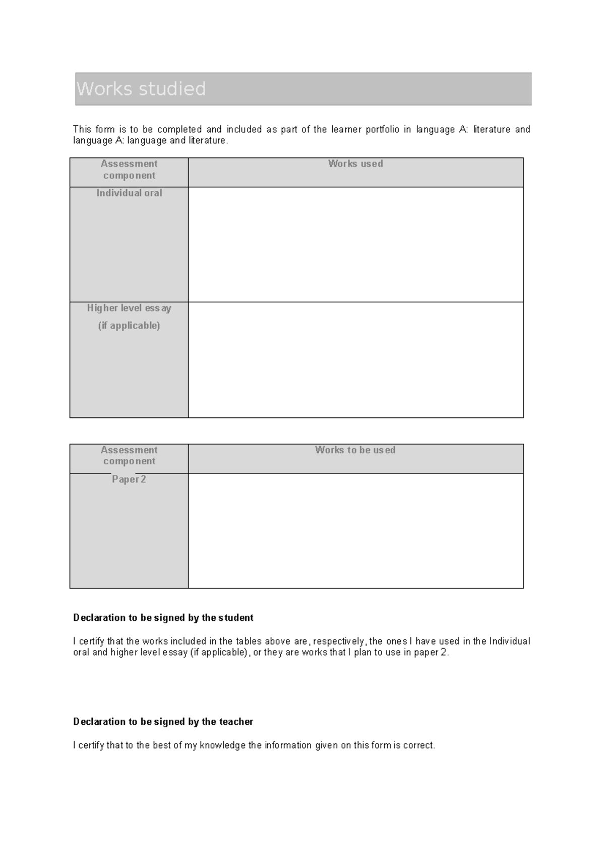 Lang A Works Studied Form EN1 for Student Portfolio Assessment - Studocu