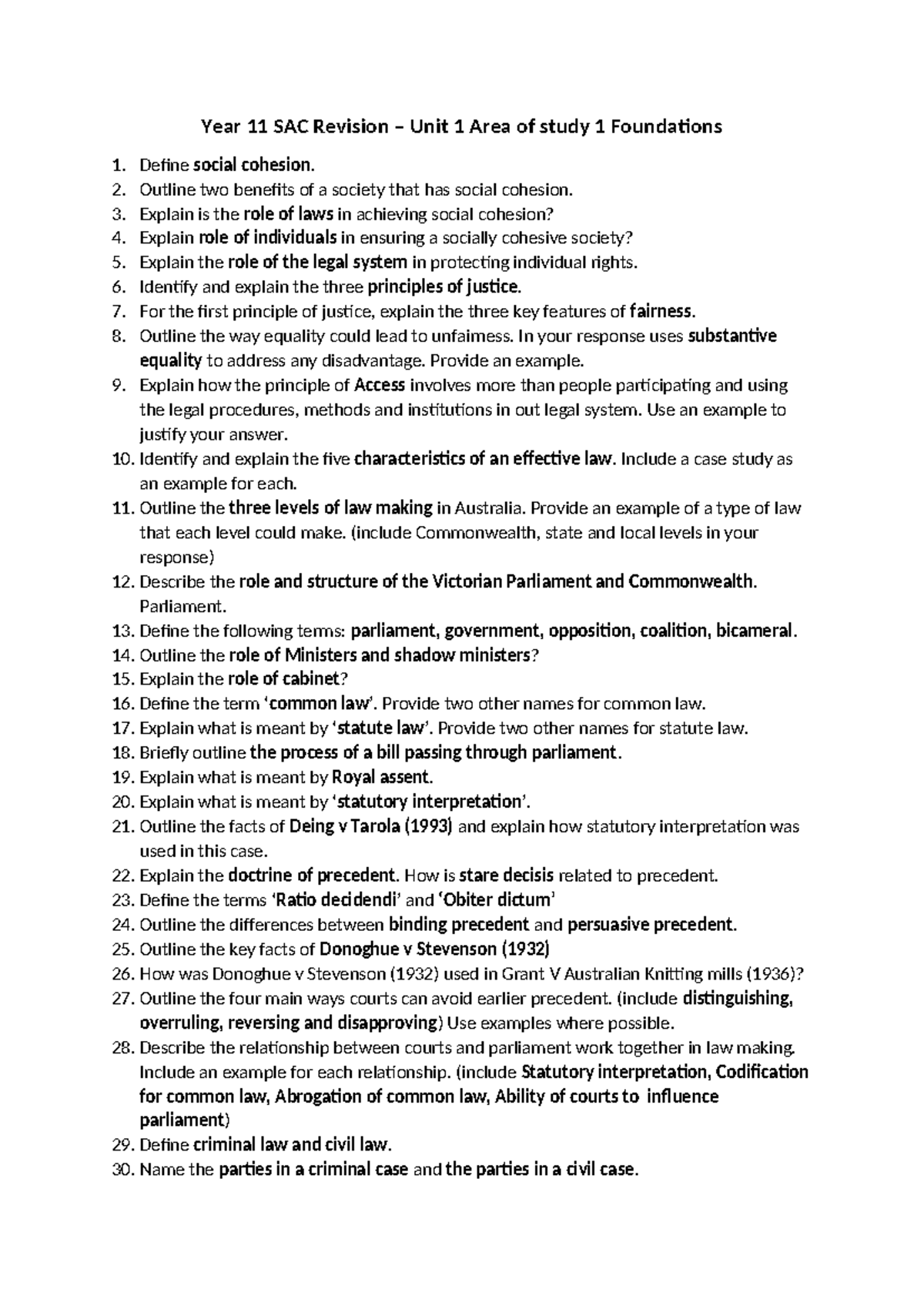 Year 11 Unit 1 SAC 1 - Social Cohesion & Legal System Revision 2025 ...
