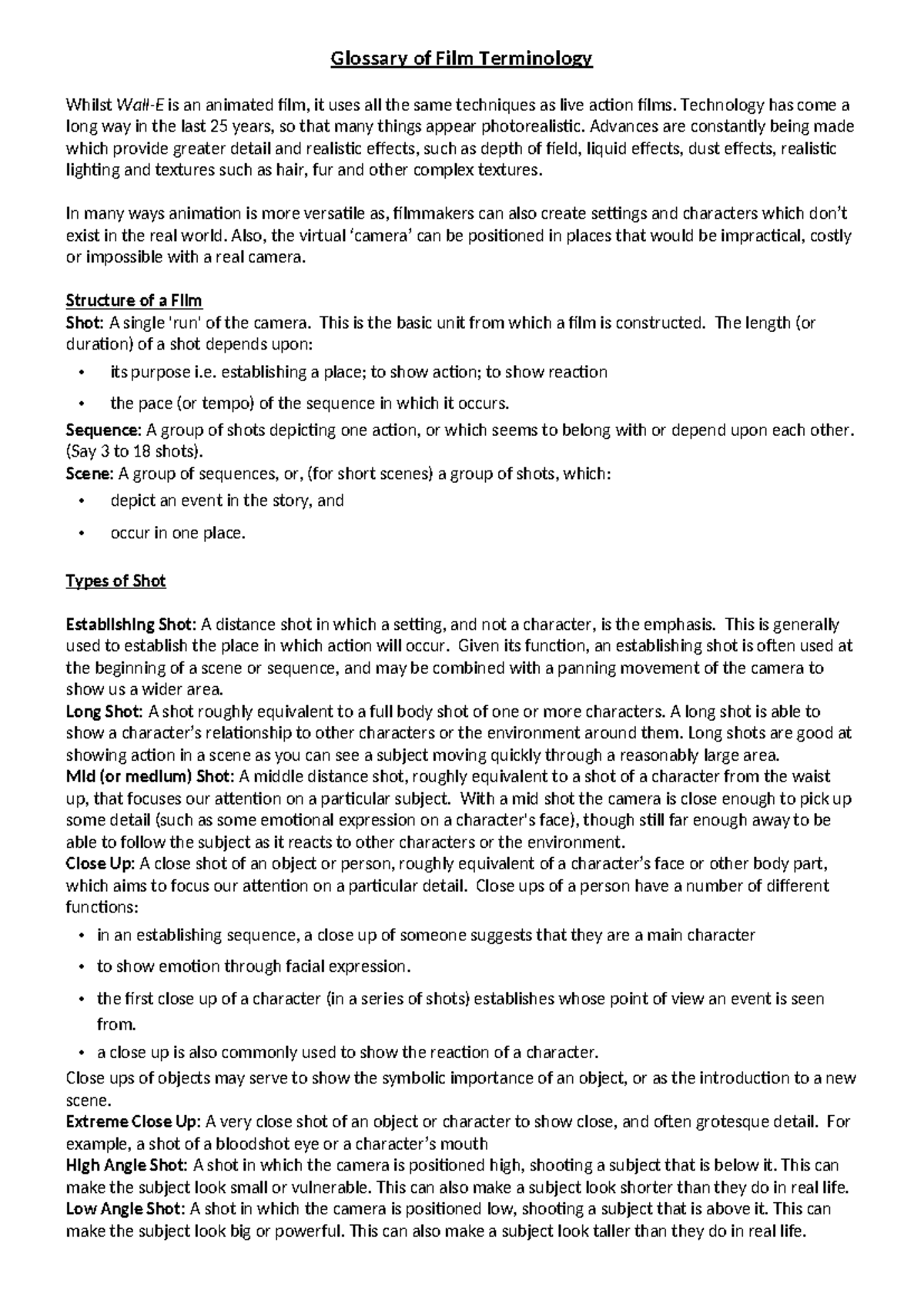 Film Terminology Glossary for Animation and Live Action - Studocu