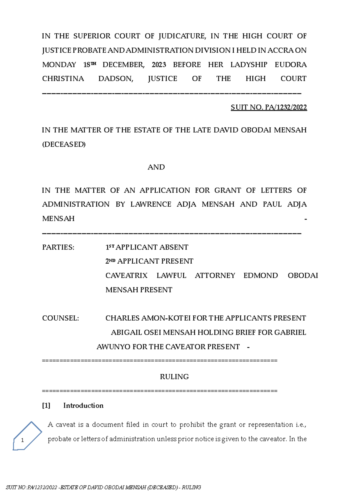 In the Matter of the Estate of David Obodai Mensah (Deceased) - Ruling ...