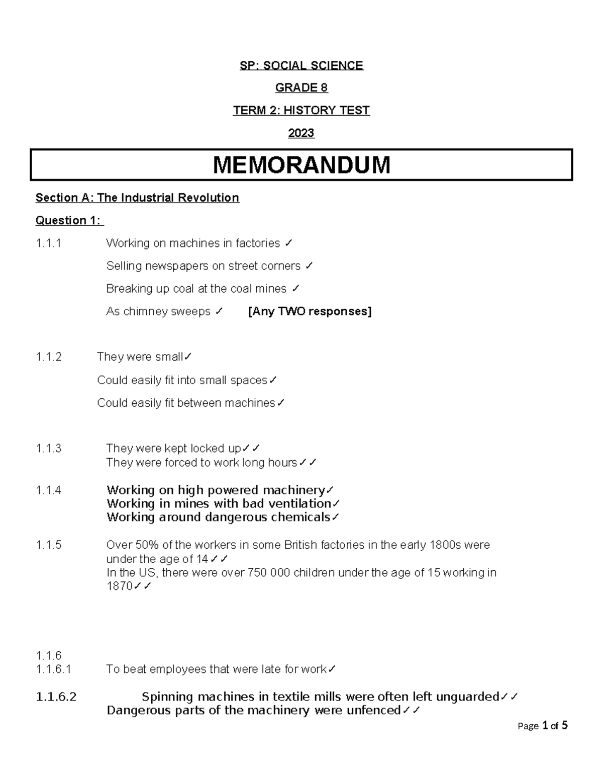 Gr8 Social Science Term 2 History Test Memo 2023 - Studocu