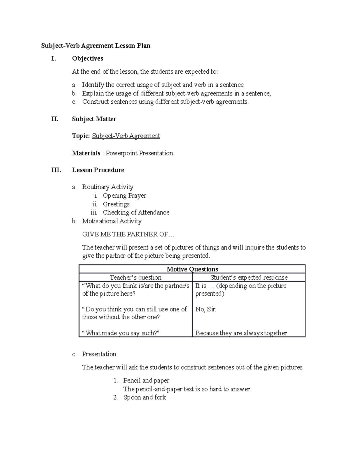 Subject-Verb Agreement Lesson Plan for ENGLISH250 Class - Studocu