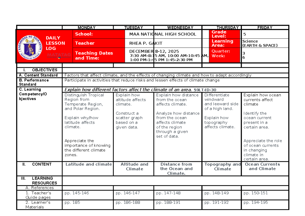 Q3-DLL: Factors Affecting Climate - Lesson Log for Science 5 - Studocu