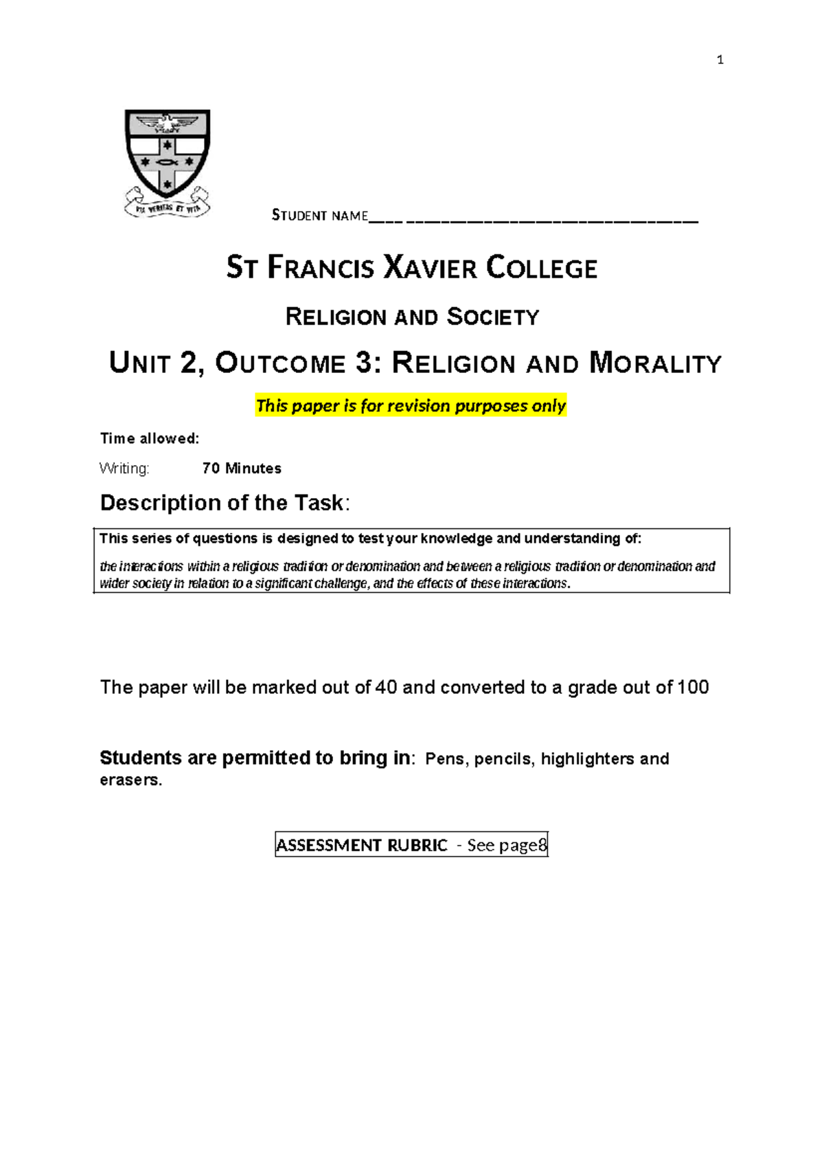 Unit 2 Outcome 3: Exam on Significant Challenges in Religion & Society ...