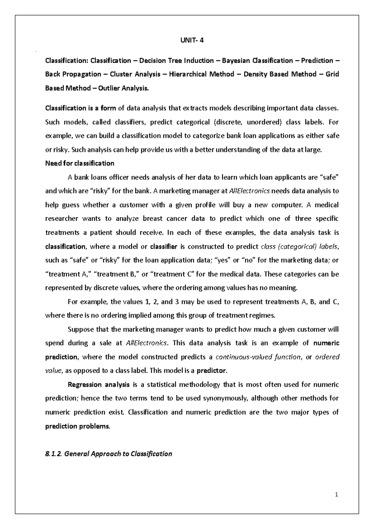Dmu4 Data Mining Lecture Notes Unit 4 Classification Classification Decision Tree