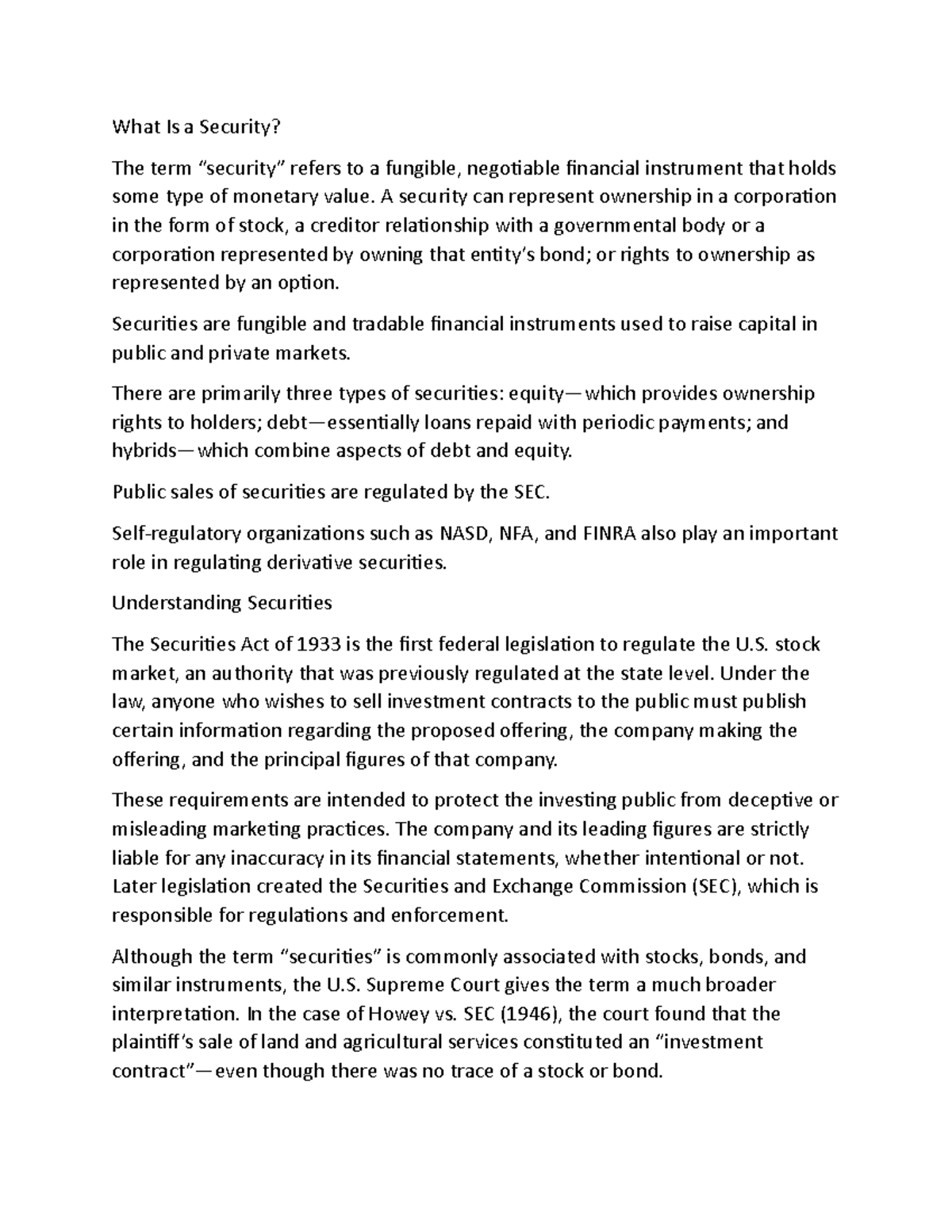 Securities 101: Types, Characteristics, and Regulation Overview - Studocu