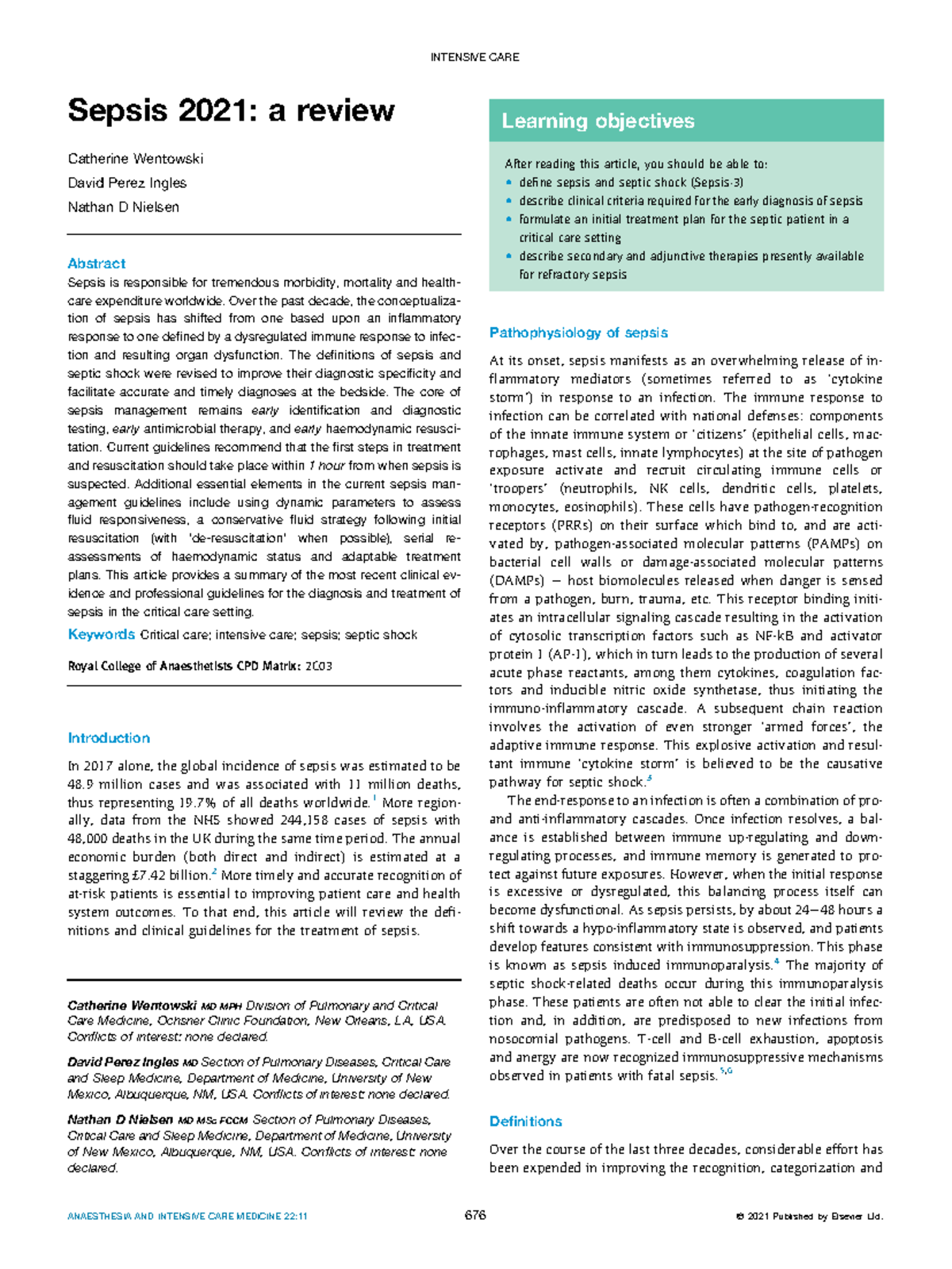INTENSIVE CARE Sepsis Management 2021: A Comprehensive Review - Studocu