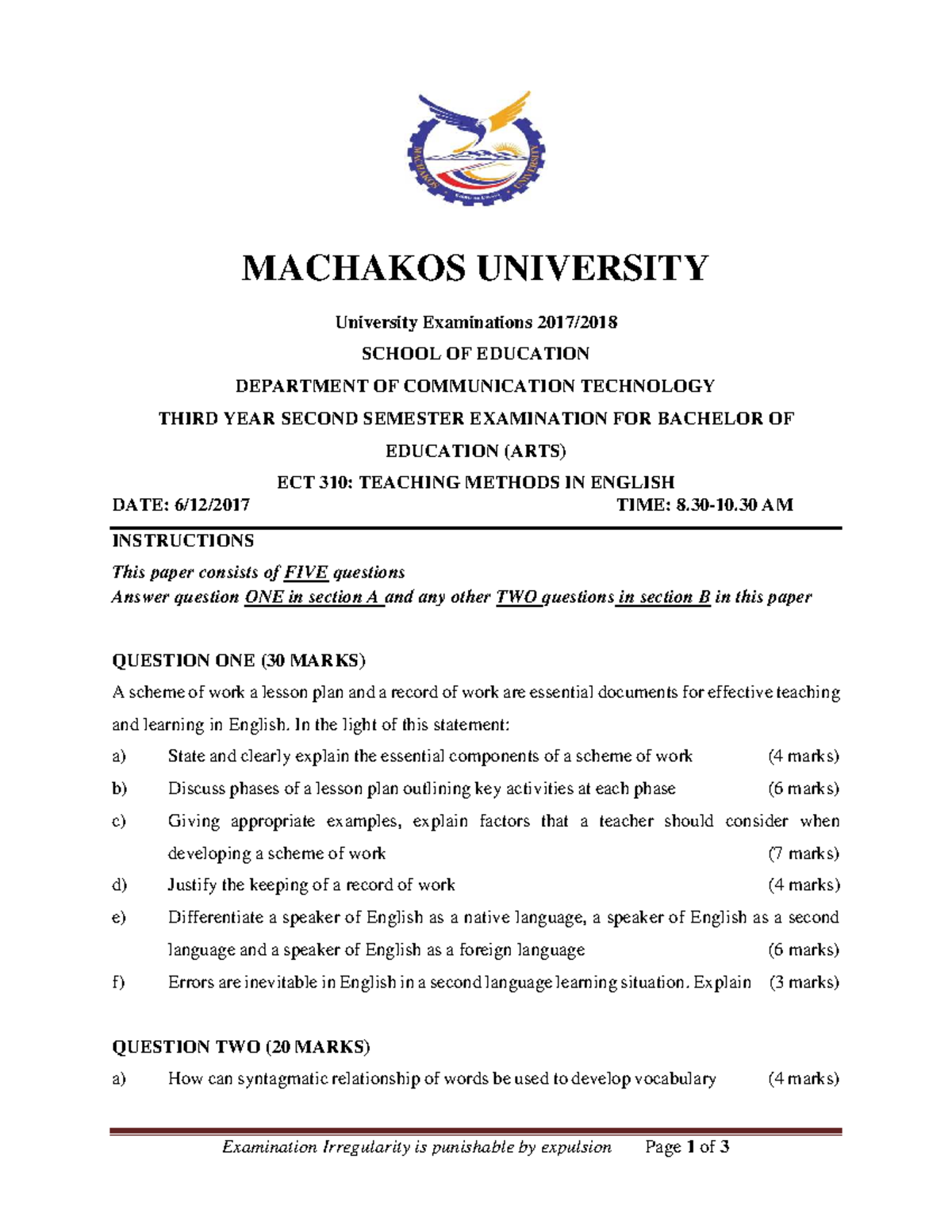 ECT 310: December 2017 Exam on Teaching Methods in English - Studocu