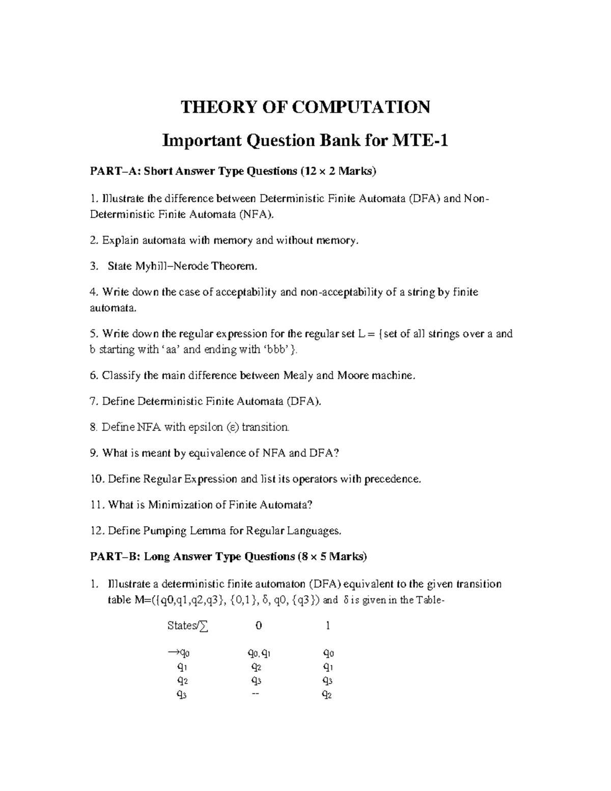 TOC Important Question Bank for MTE-1: Short & Long Answer Qs - Studocu
