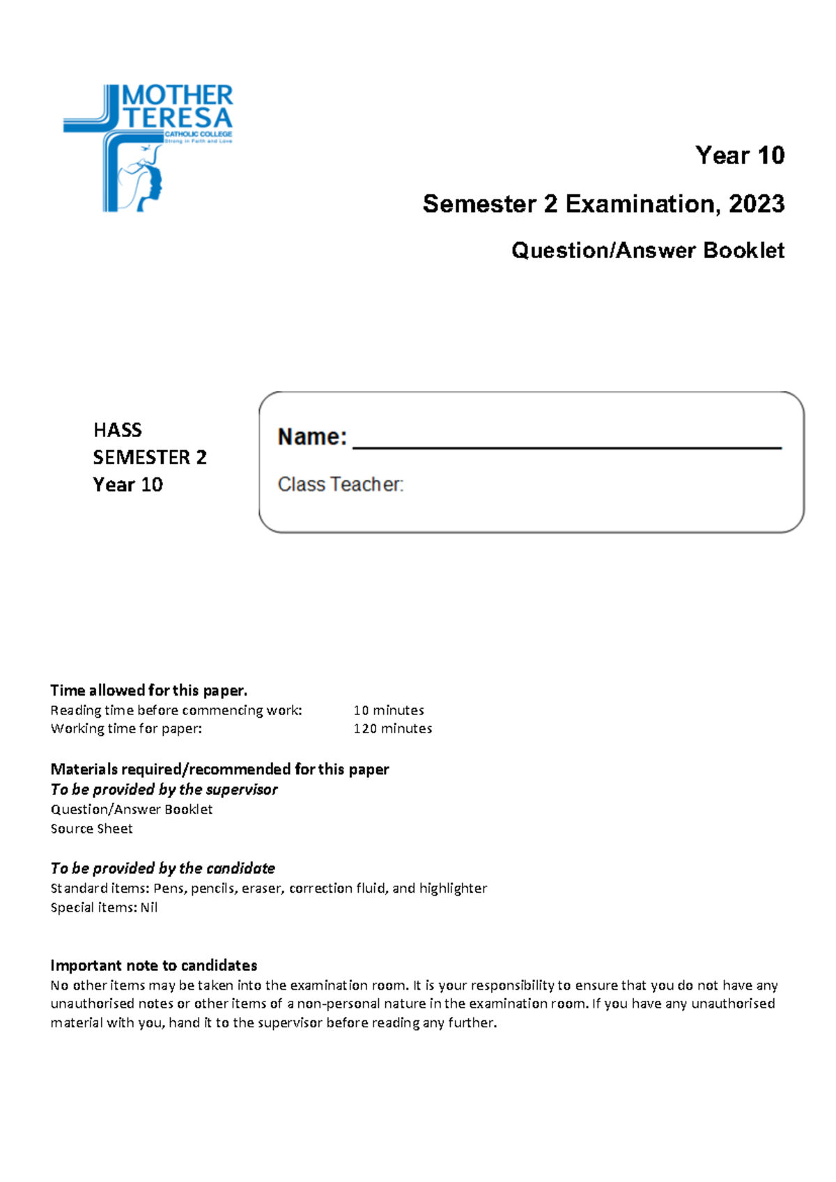 Year 10 HASS Semester 2 Exam 2023: Question & Answer Booklet - Studocu