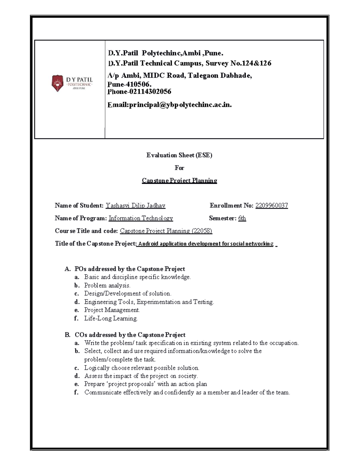 Capstone Project Planning (22058) Evaluation Sheet for Android App ...