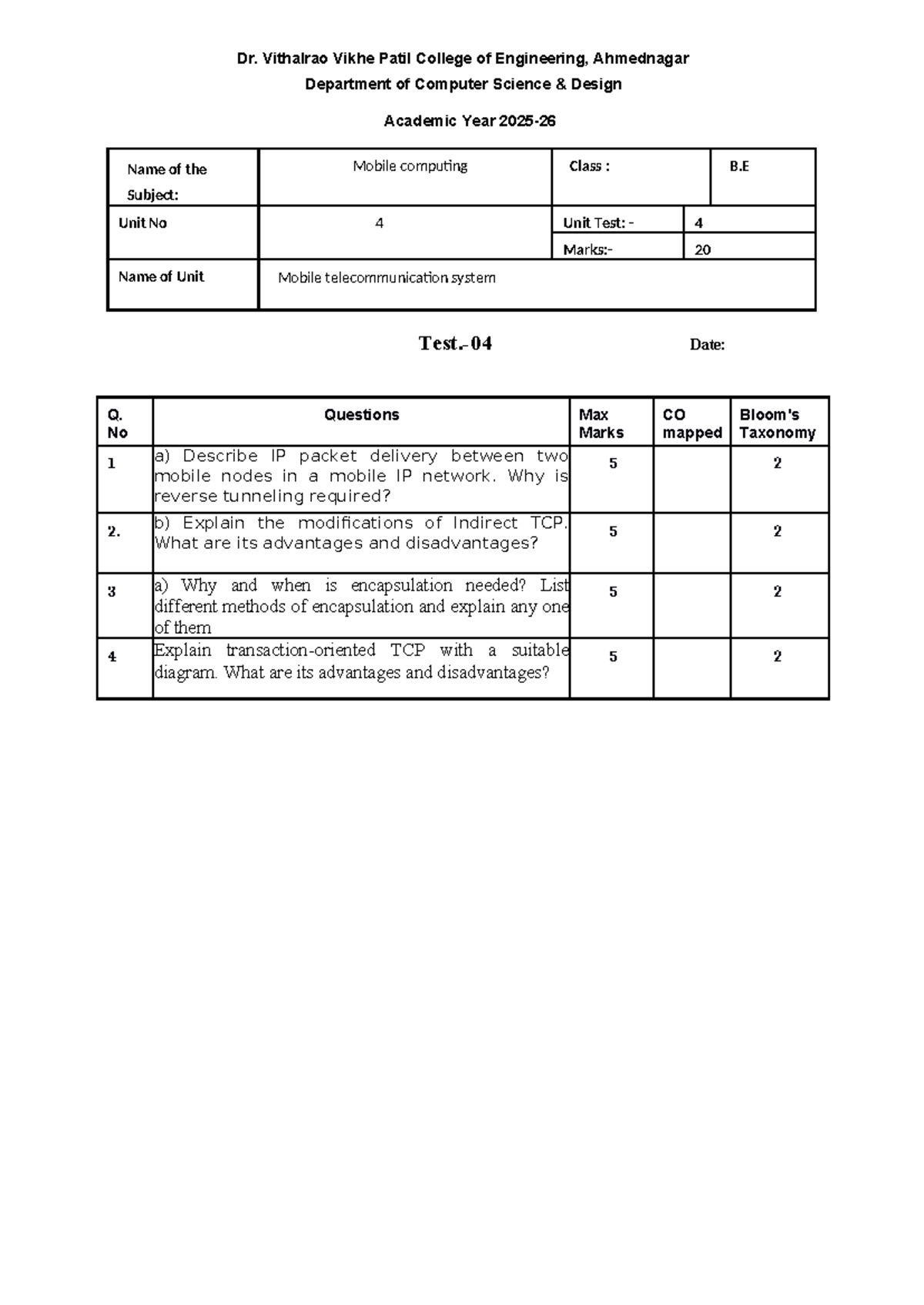 Mobile Computing B.E. Unit Test 4: Telecommunication Systems - Studocu
