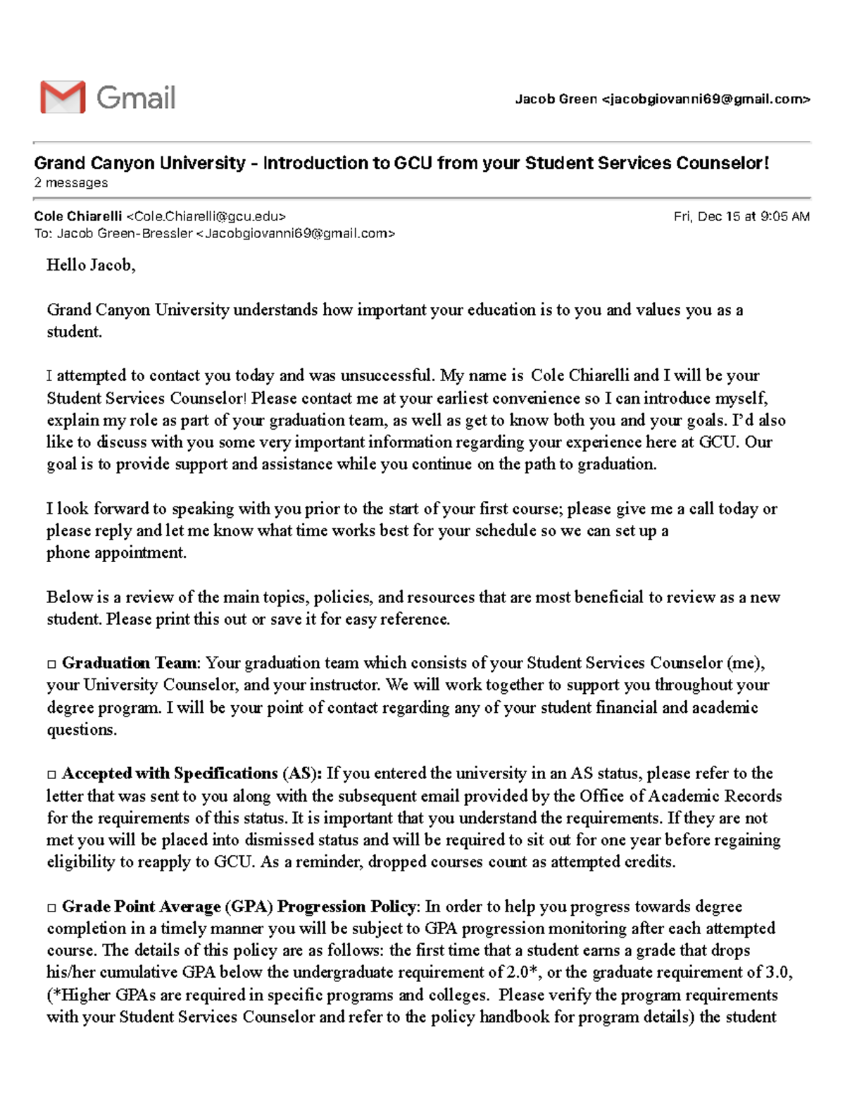 GCU - Introductory Guide from Student Services Counselor - Studocu