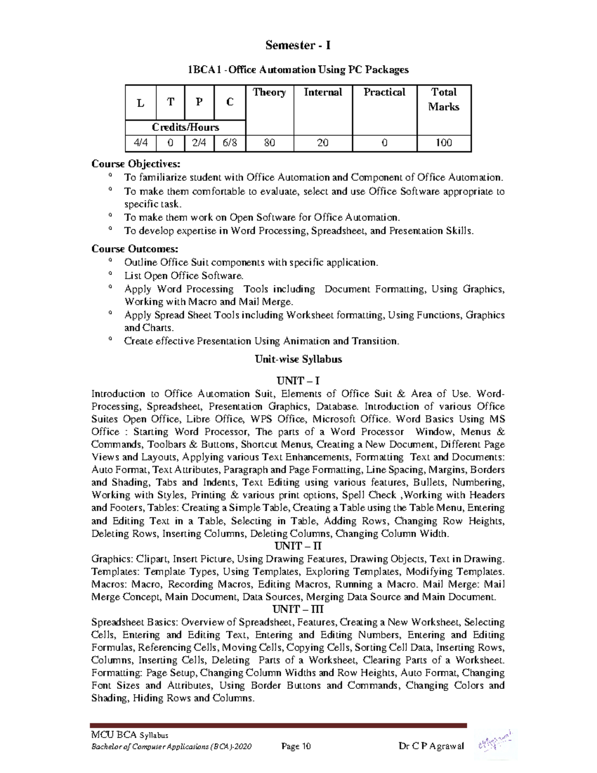 MCU BCA Syllabus Overview and Objectives for Semester I Courses - Studocu