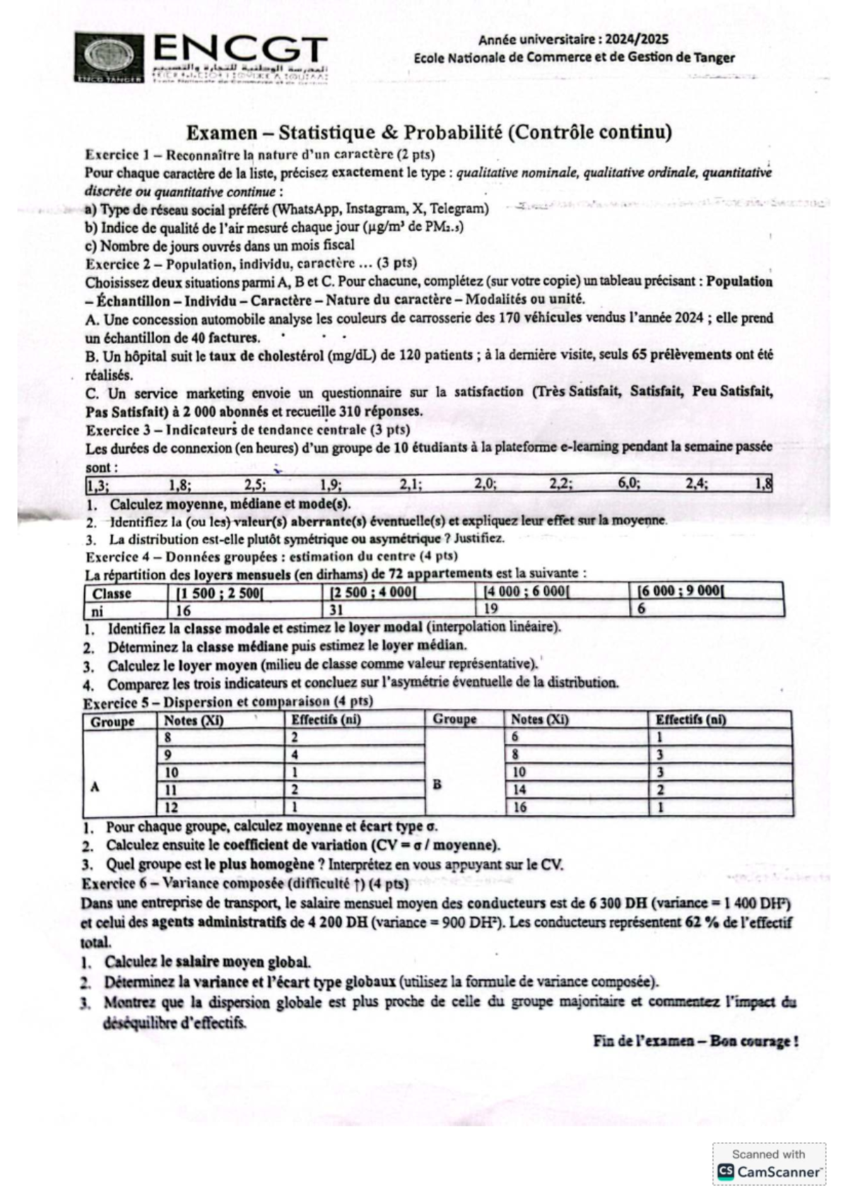 ENCGT Examen Statistique Probabilité - Contrôle Continu 2024 - Studocu