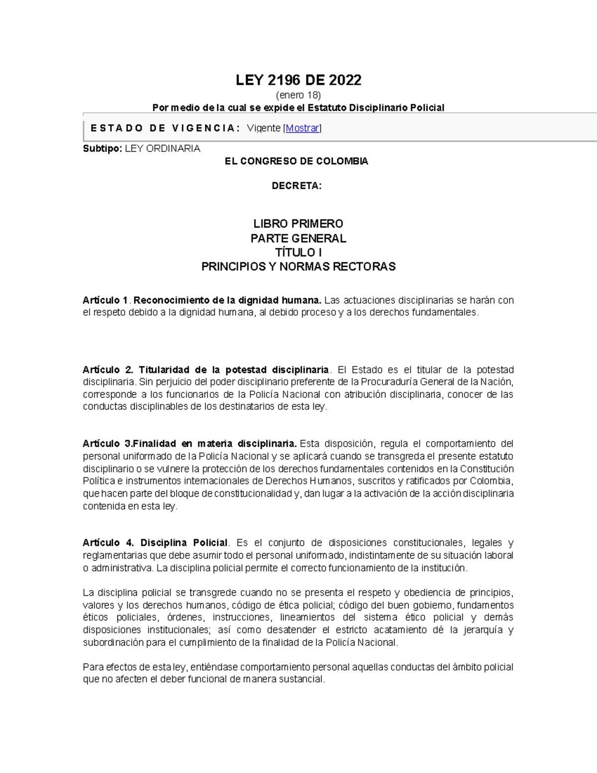 Ley 2196 de 2022: Estatuto Disciplinario Policial en Colombia - Studocu