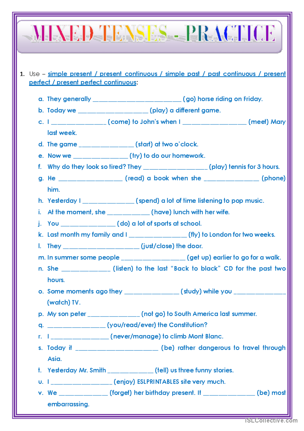 Mixed Tense Practice - ESL Tense Exercises (1) - Studocu