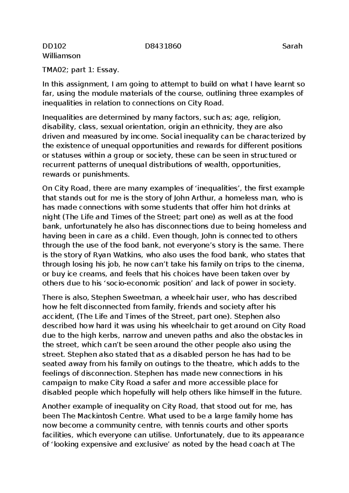 DD102 TMA02 - Exploring Inequalities on City Road: Part 1 Essay - Studocu