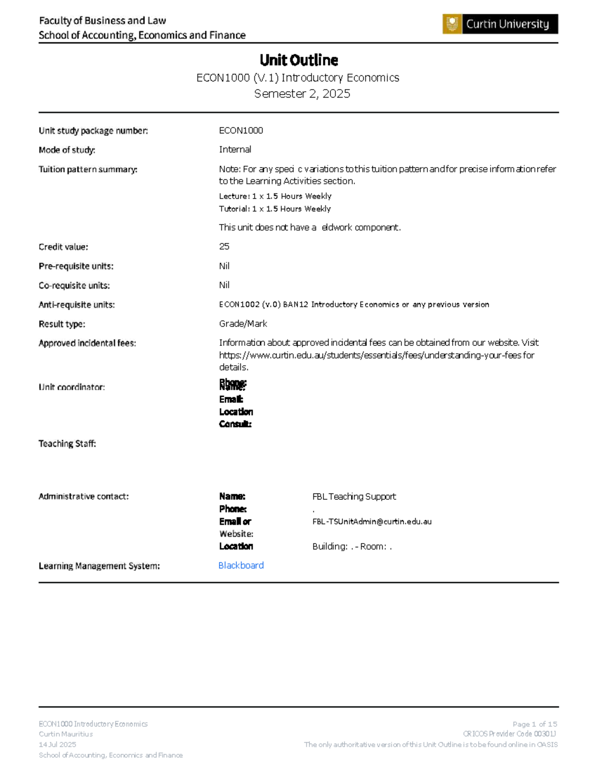Unit Outline: Introductory Economics ECON1002 S2 2025 - Studocu