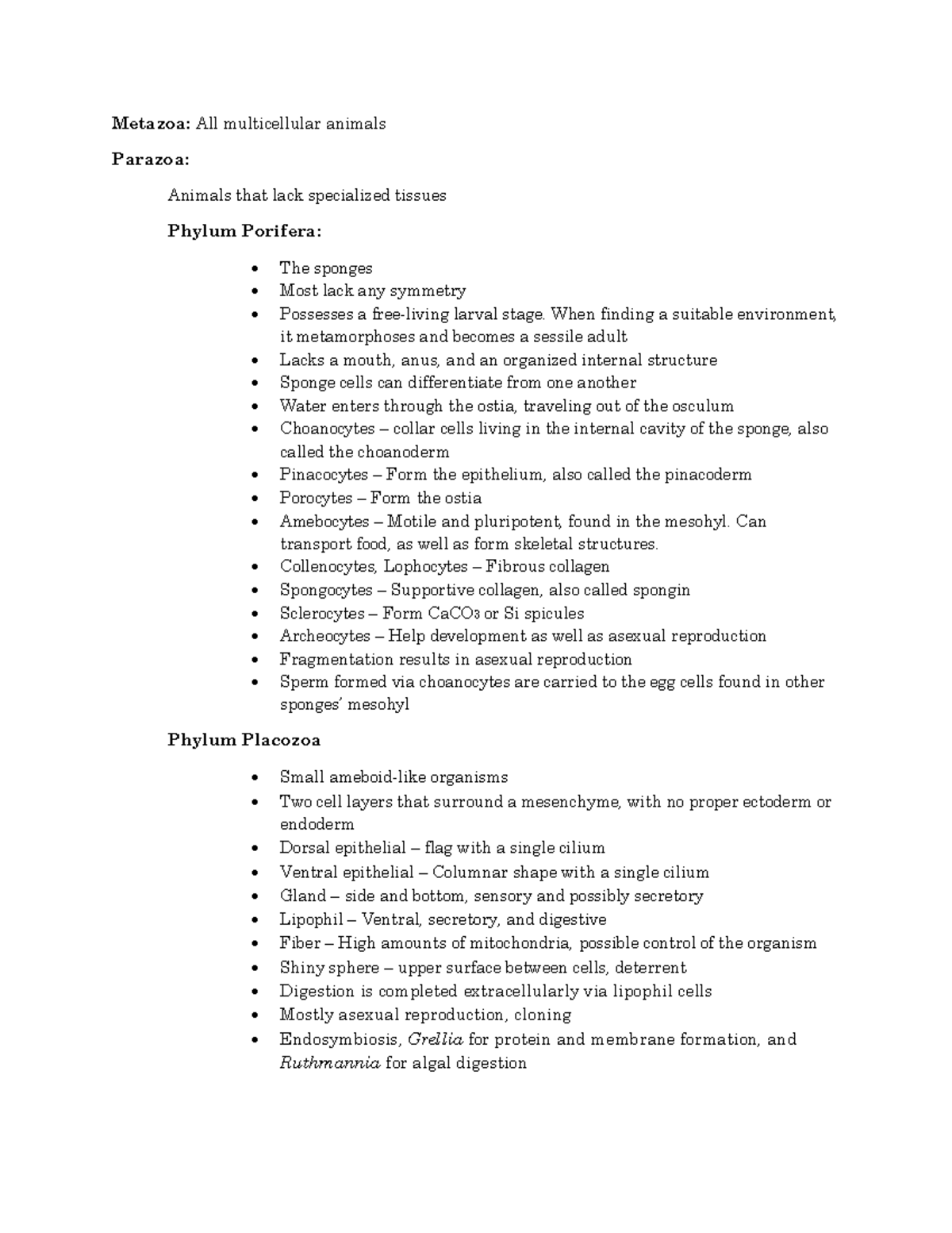 Lecture Notes on Metazoa and Eumetazoa Classification - Studocu
