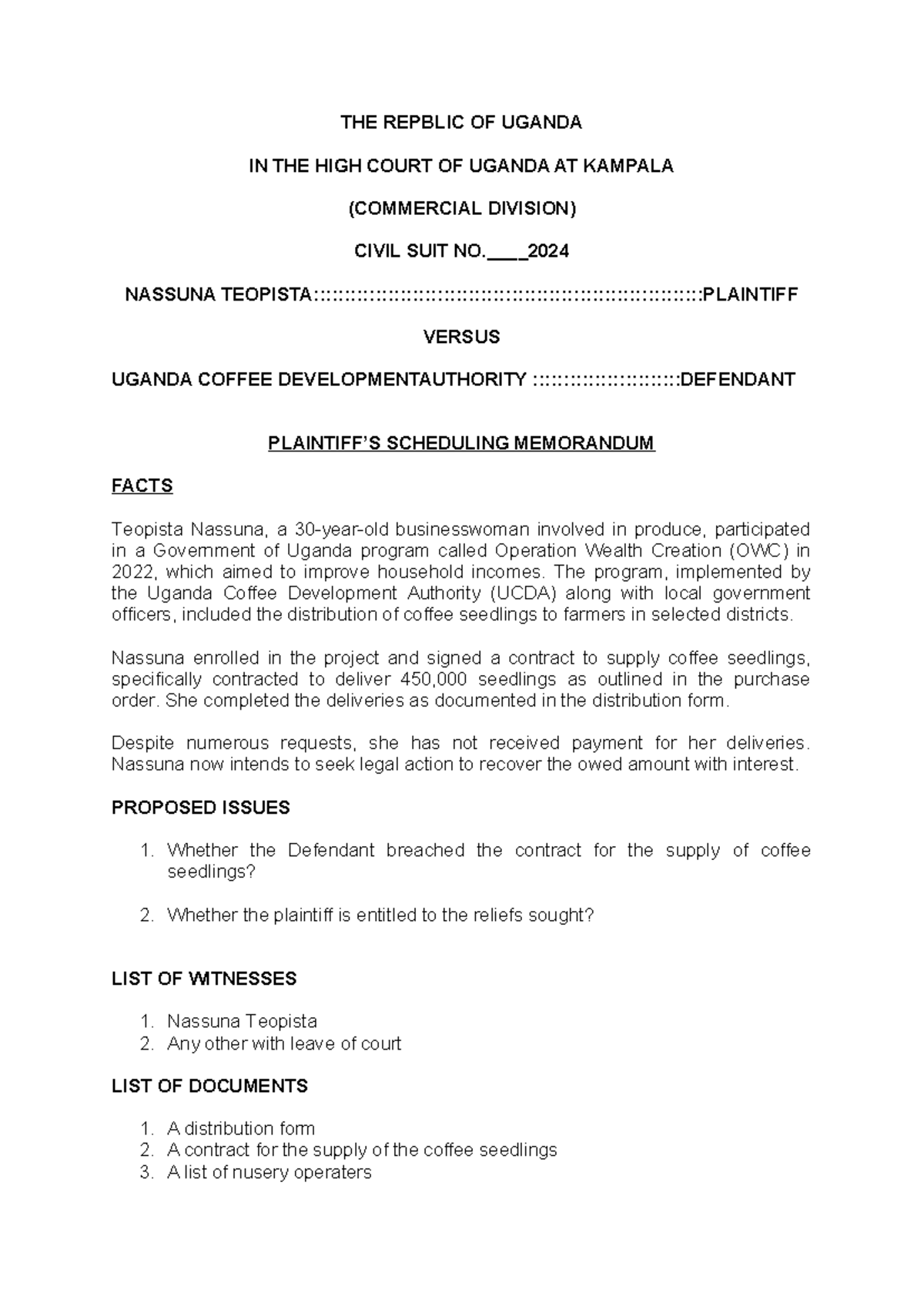 Scheduling Memorandum: Nassuna vs. Uganda Coffee Dev. Auth. - Studocu