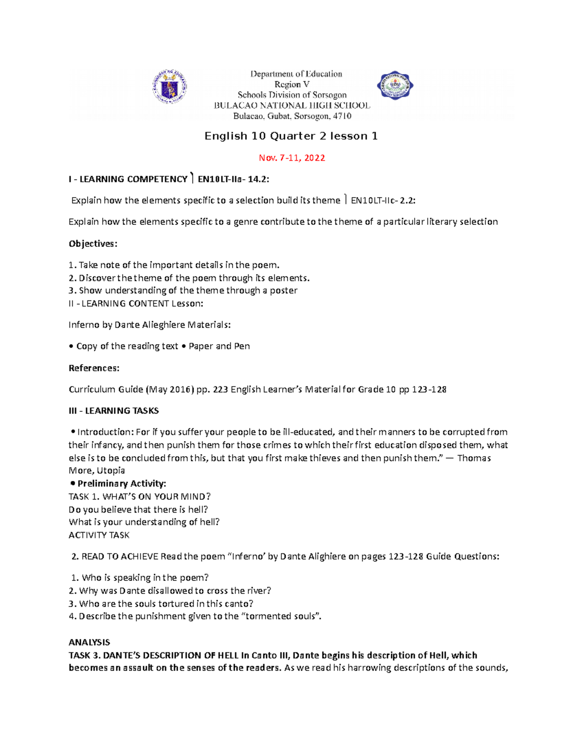 English 10 Q2 Lesson 1: Analyzing Theme in Dante's Inferno - Studocu