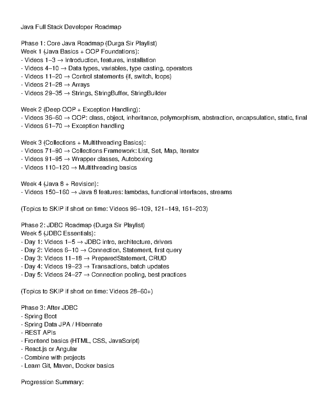 Java Full Stack Developer Roadmap (Phase 1: Core Java) - Studocu