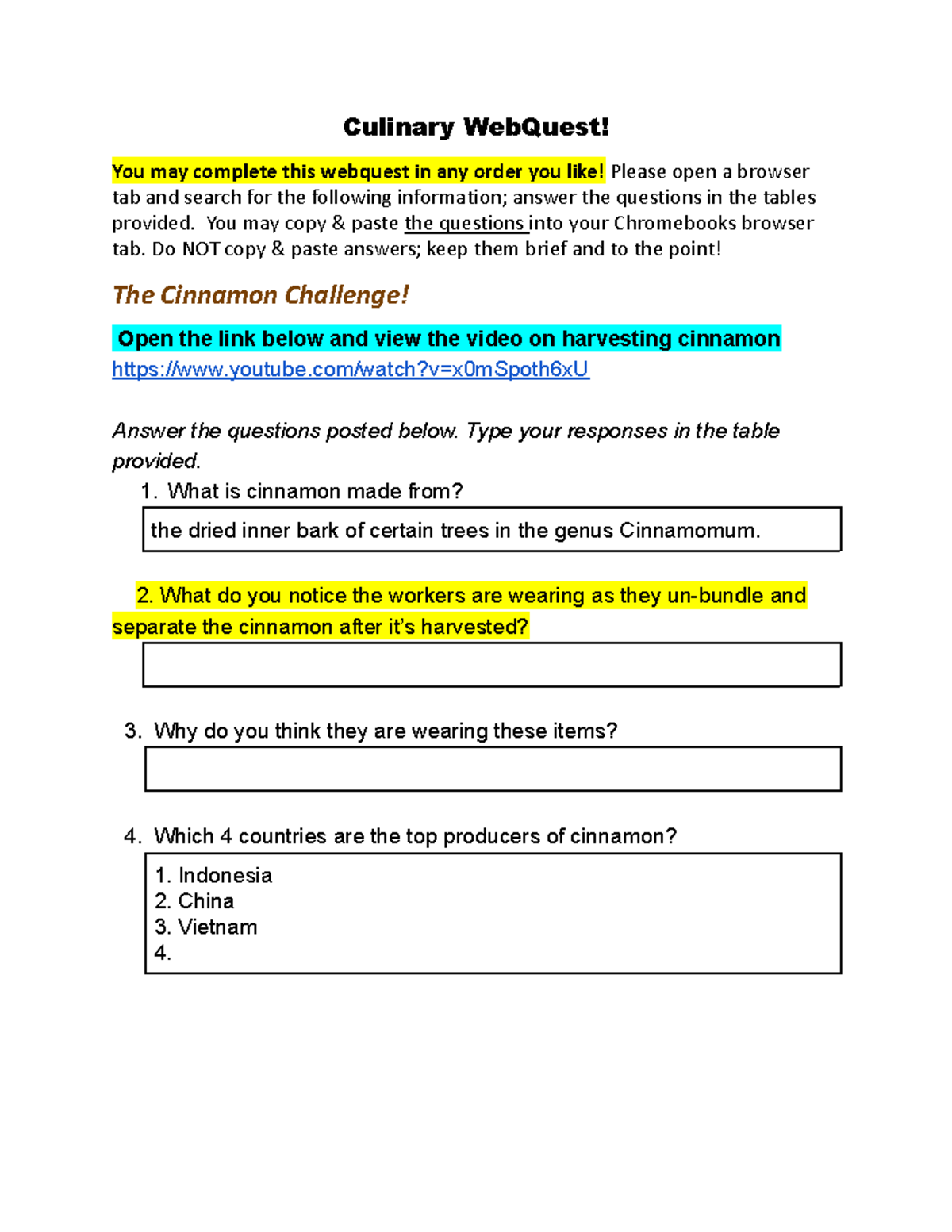 Culinary WebQuest: Exploring Cinnamon, Molasses, and Spices - Studocu