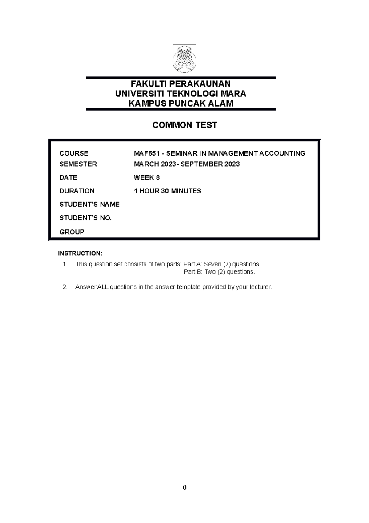 MAF651 Common Test Questions & Notes - Seminar in Management Accounting ...