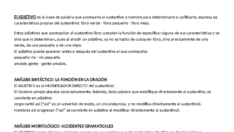 El Adjetivo: Análisis Sintáctico y Morfológico en Español - Studocu
