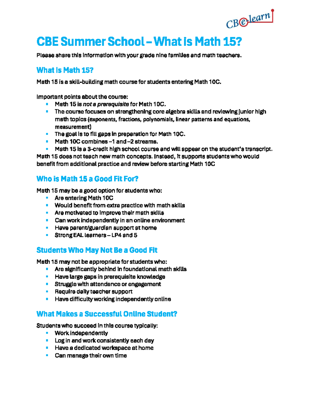 Math 15 - Summer School Course Overview for Grade 9 Families - Studocu