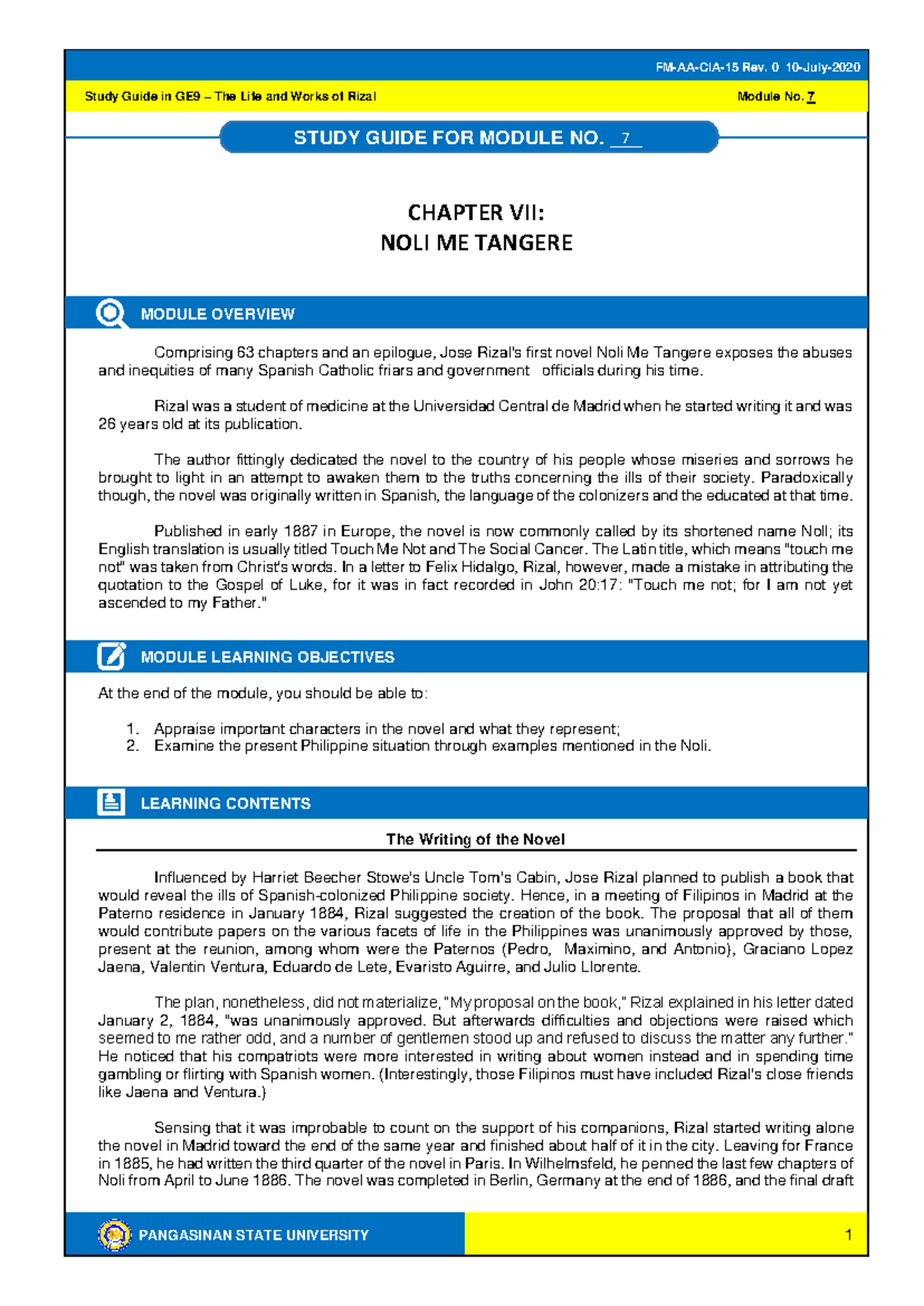 GE9 Module 7 Study Guide: Noli Me Tangere Overview and Analysis - Studocu