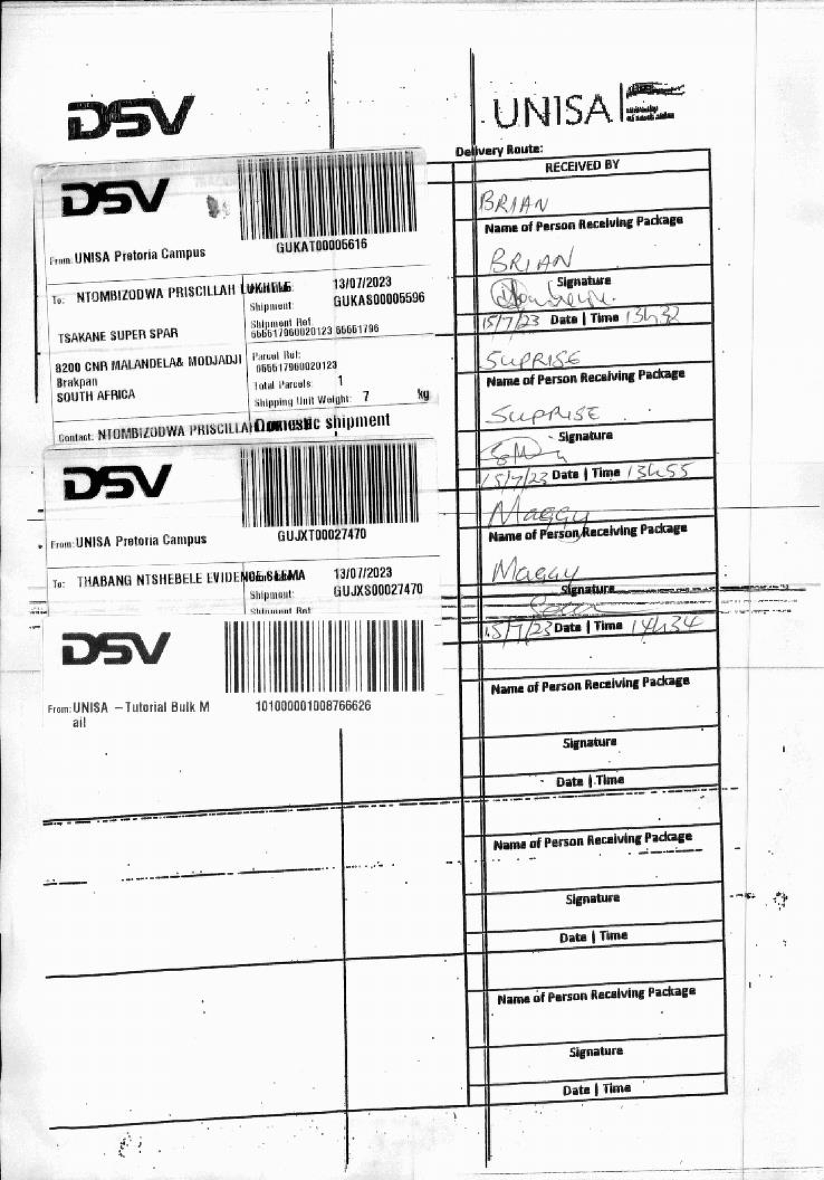 DSV Delivery Route Documentation: UNISA Pretoria Campus - Studocu