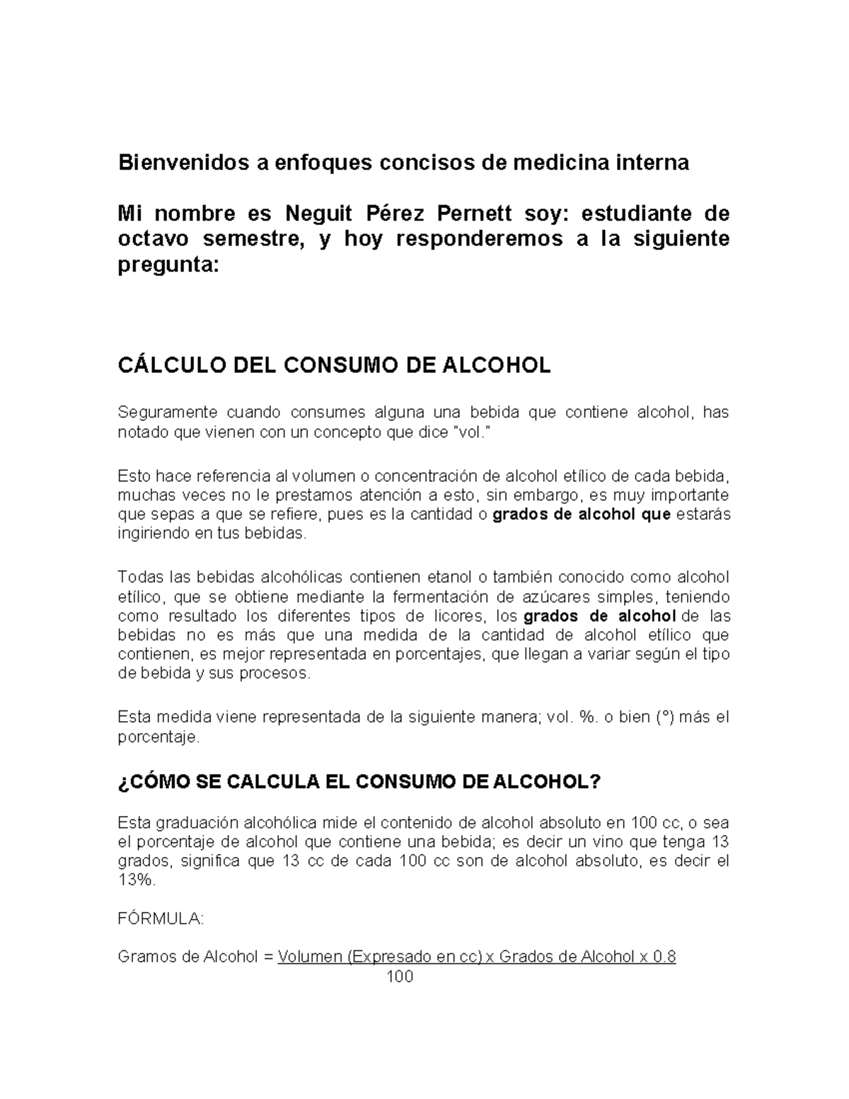Cálculo del Consumo de Alcohol en Medicina Interna - 8° Semestre - Studocu