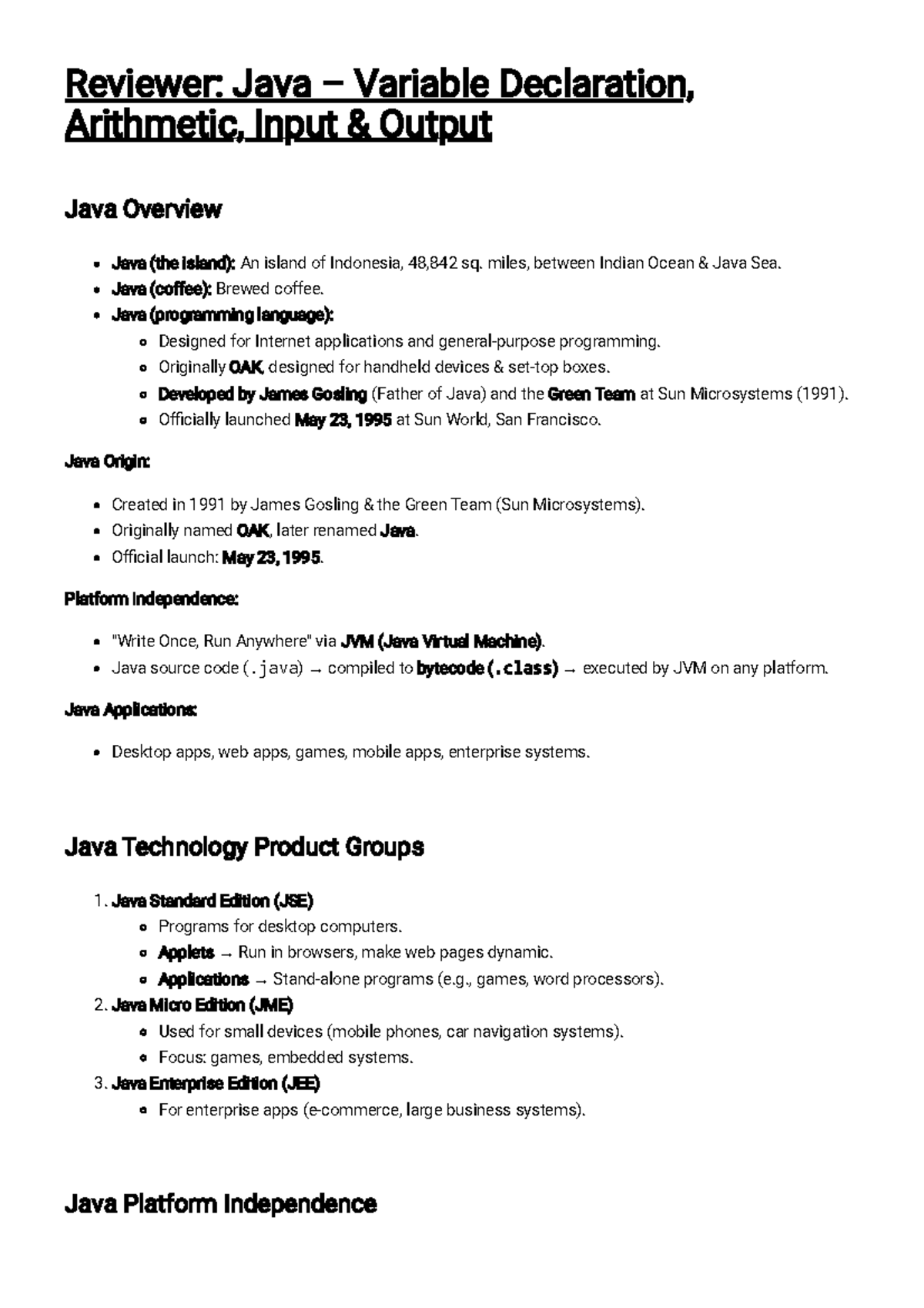 Java Programming Overview: Variable Declaration & I/O (PROG) - Studocu
