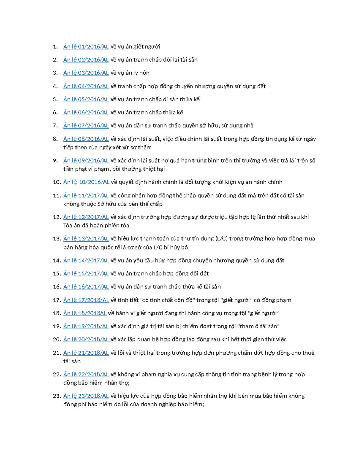 Án lệ 01 - Tóm tắt các vụ án dân sự và hình sự quan trọng - Studocu