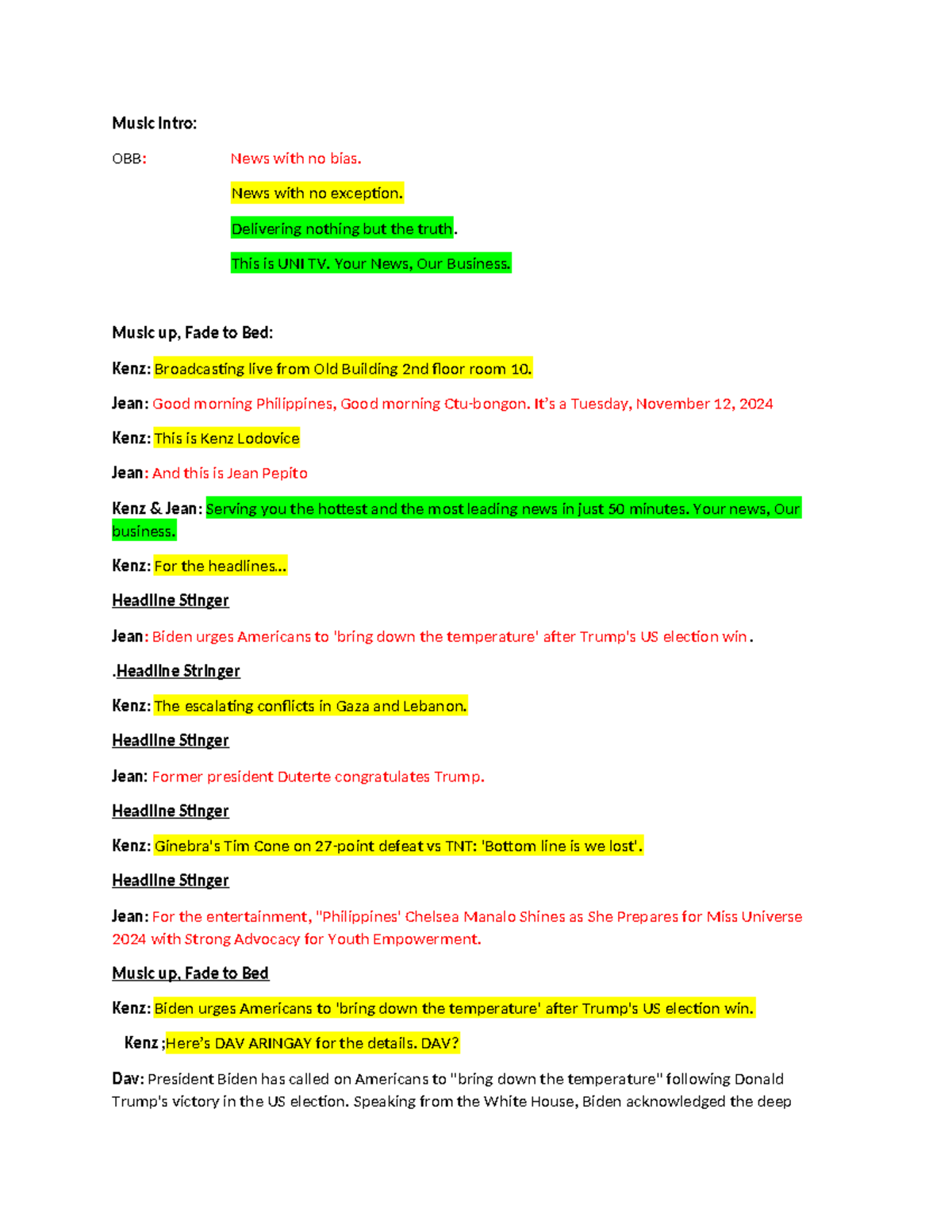 TV- Broadcasting- Script: News Coverage for UNI TV - Studocu