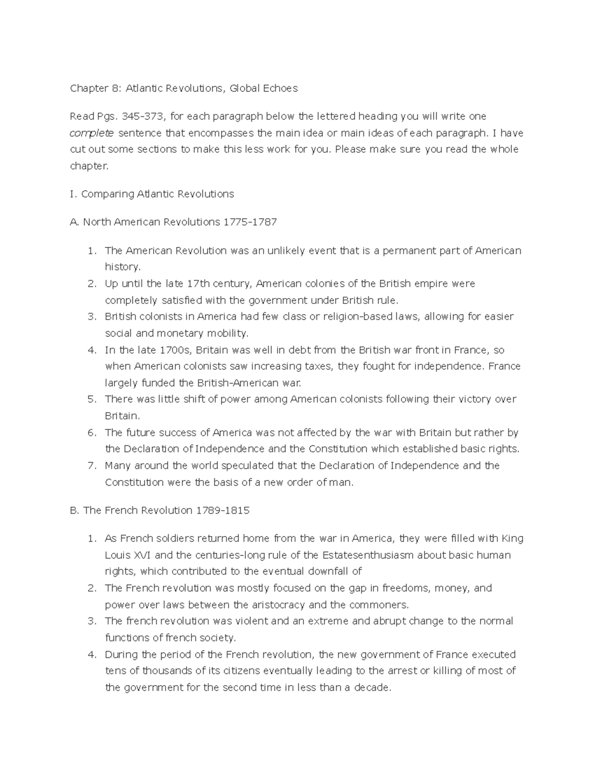 AP World History Chapter 8 notes - Chapter 8: Atlantic Revolutions ...