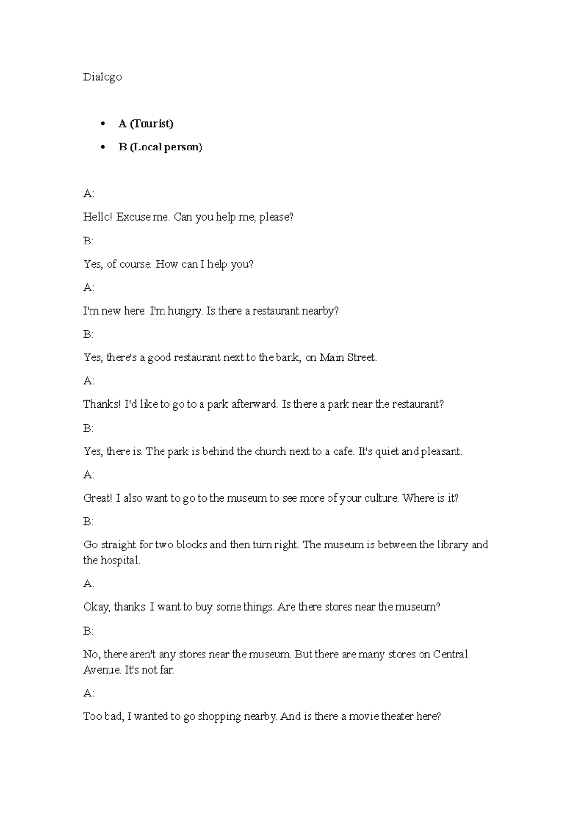 Dialogo: Tourist and Local Person Conversation Guide - Studocu