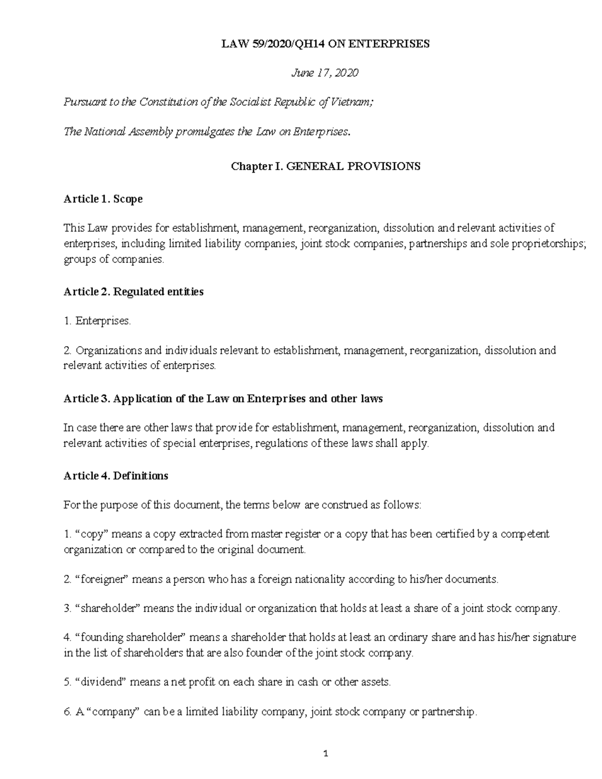 LAW ON ENTERPRISES 2020: Comprehensive Overview and Provisions - Studocu
