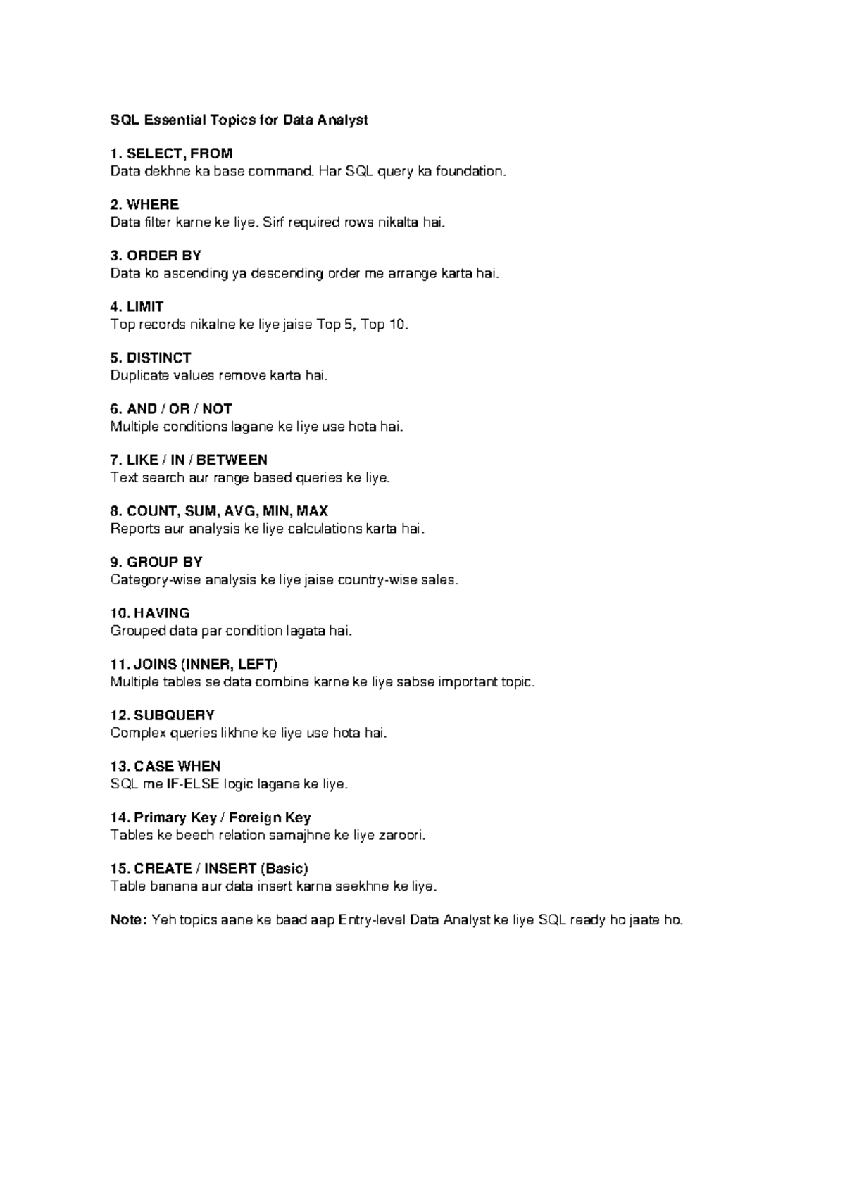 SQL Essential Topics for Data Analyst: Key Commands & Concepts - Studocu